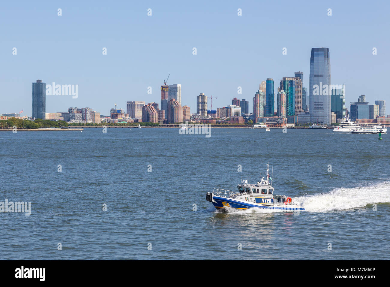 New York, USA- August 26, 2017: NYPD boat patrolling East River. In the ...