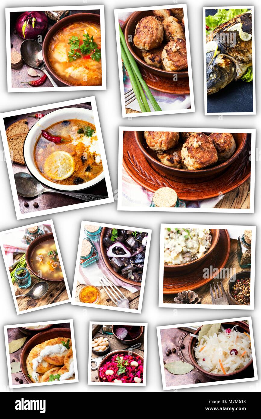 Collage with national Russian dishes, soups, cutlets, salads and fish ...