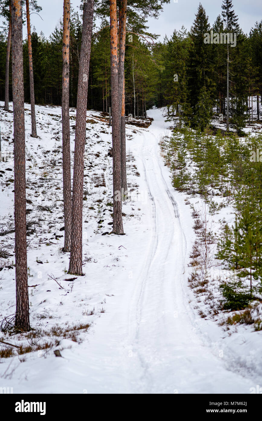 snowy winter road covered in deep snow with car tire tracks going in ...