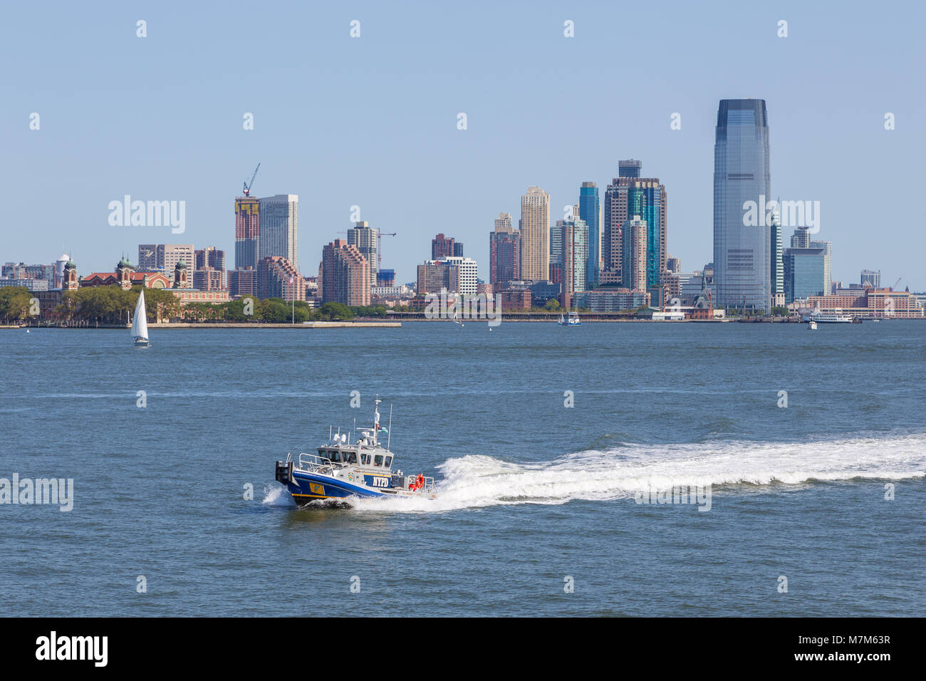 New York, USA- August 26, 2017: NYPD boat patrolling East River. In the ...