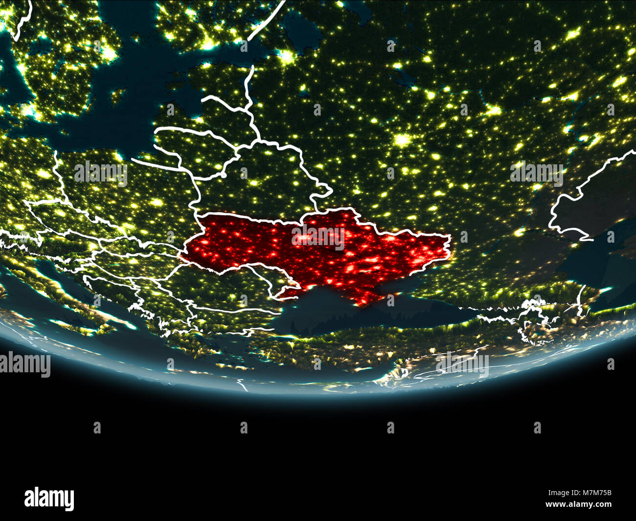 Ukraine highlighted in red on planet Earth at night with visible ...