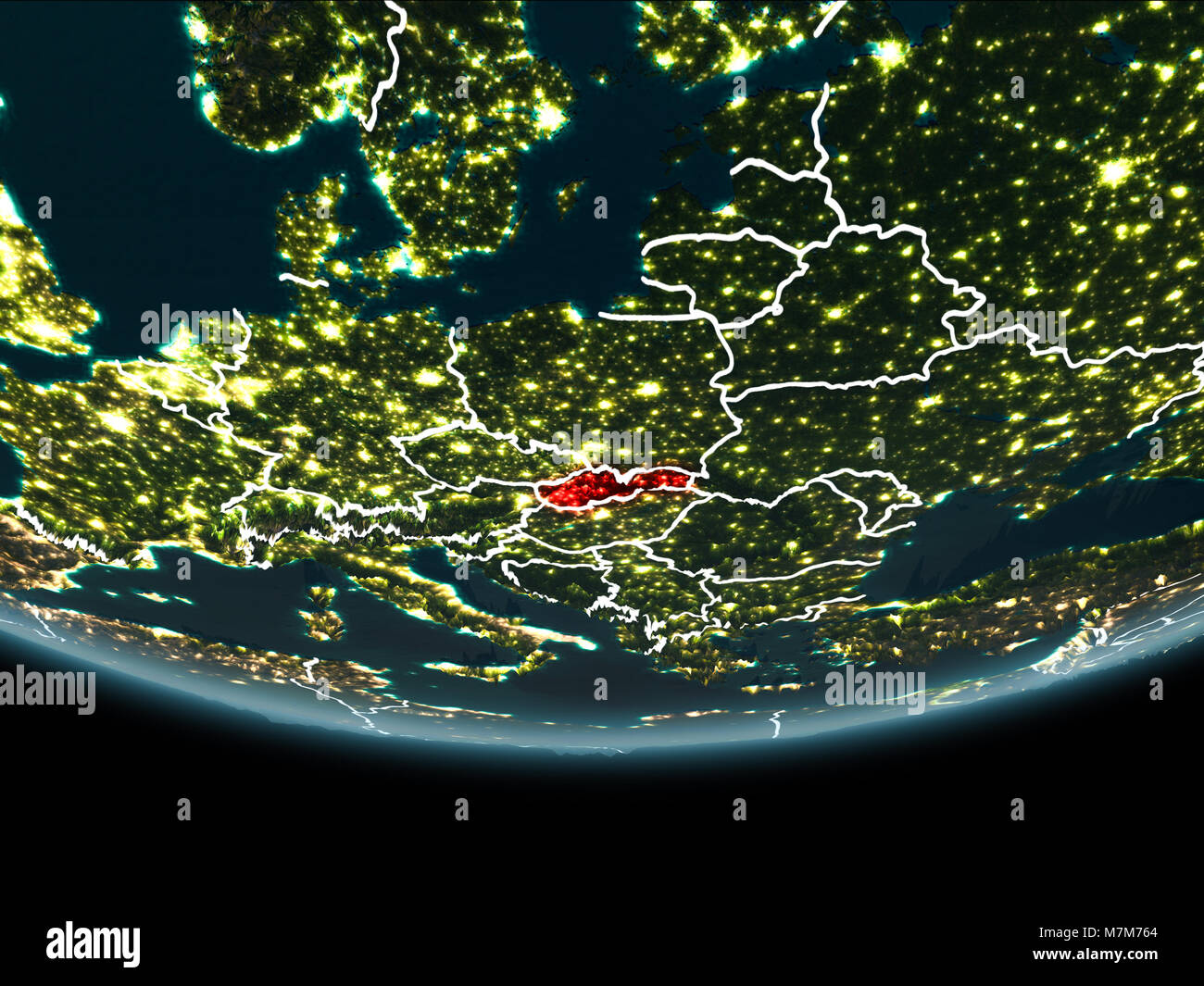 Slovakia highlighted in red on planet Earth at night with visible borders and city lights. 3D ...