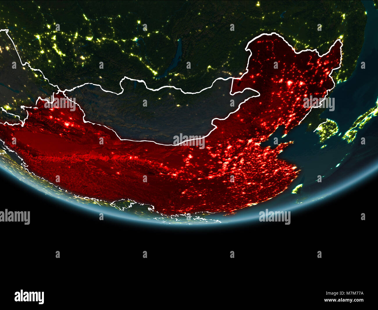 China highlighted in red on planet Earth at night with visible borders ...