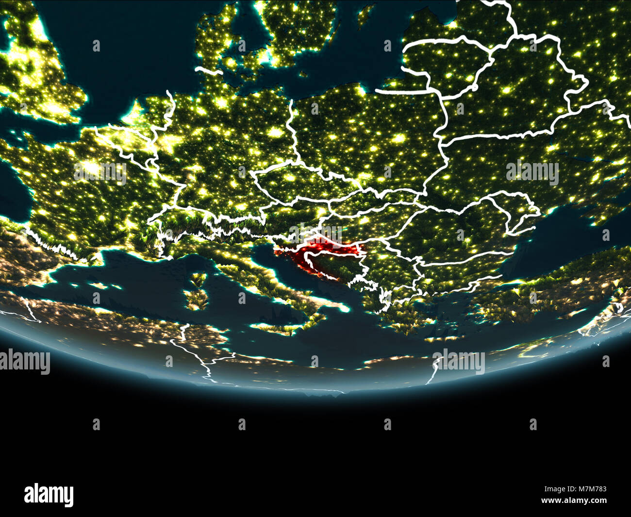 Croatia highlighted in red on planet Earth at night with visible ...