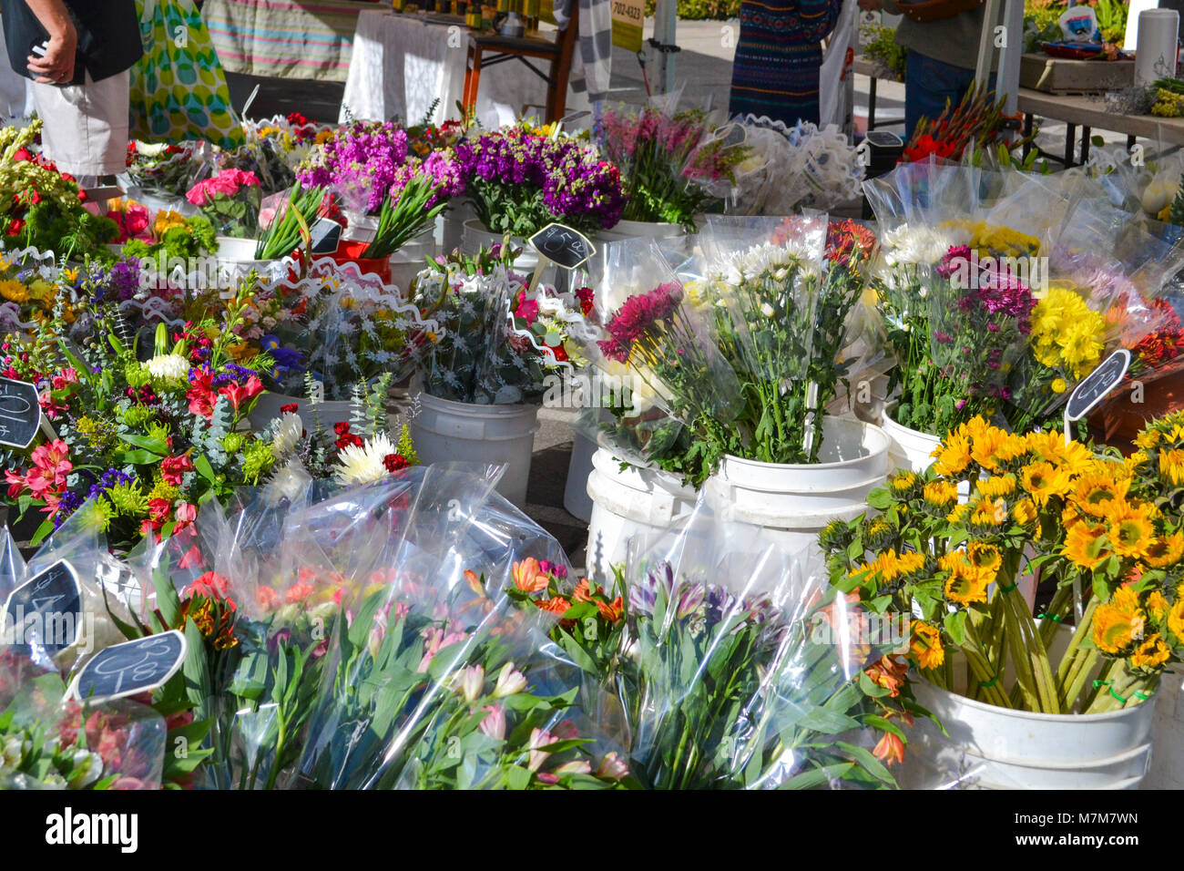 Flowers in bloom at the farmers market. Fresh bouquets to decorate the ...