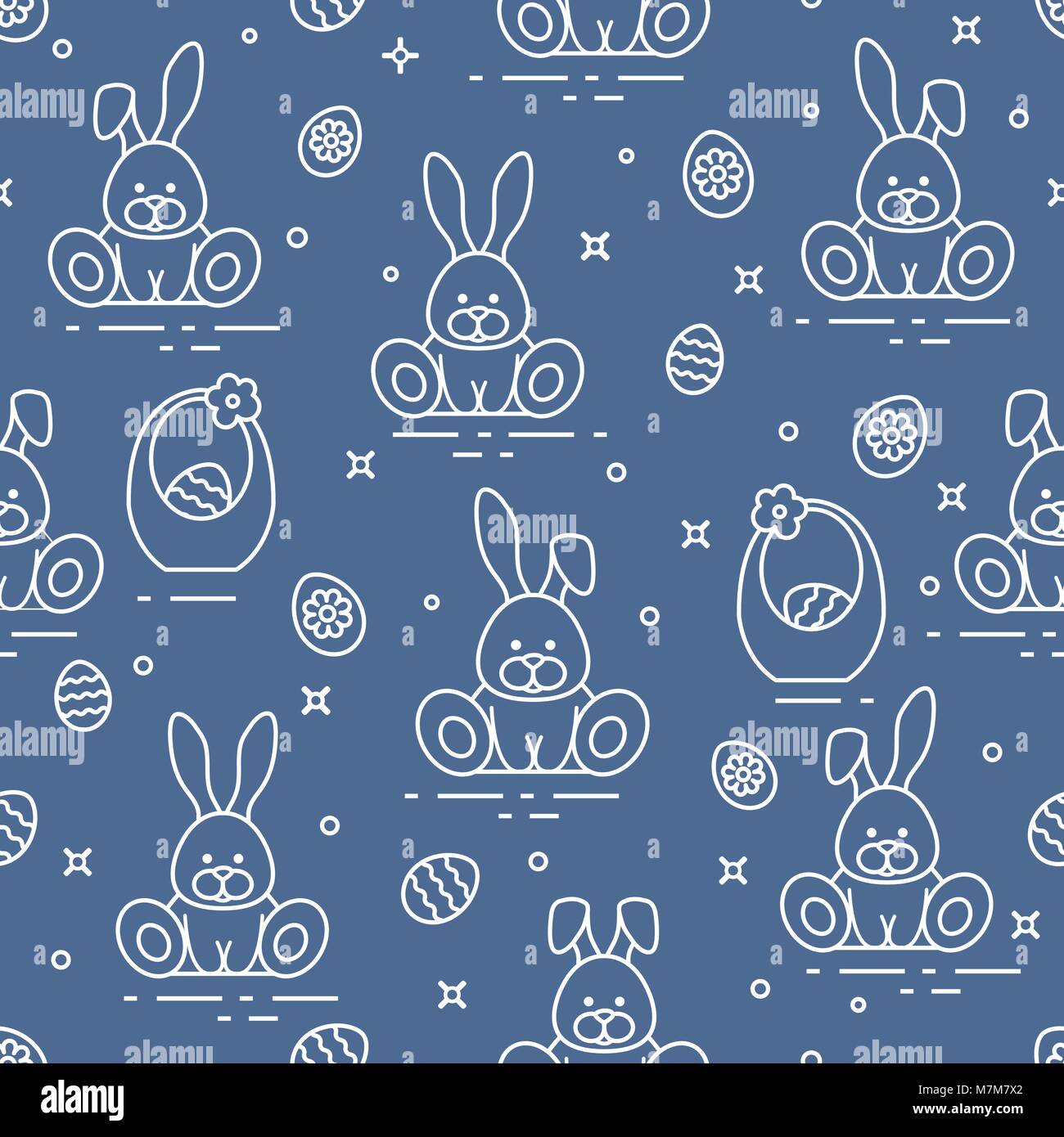 Seamless pattern with Easter symbols. Rabbits, eggs, baskets of decorated eggs Stock Vector ...