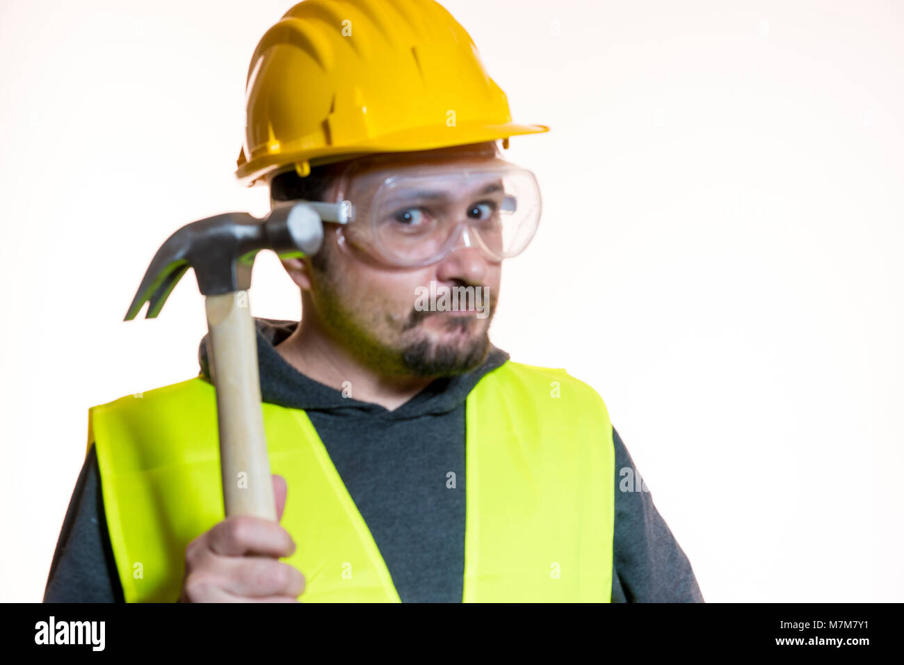 Job, Do it yourself, man dressed in yellow builder helmet with ...