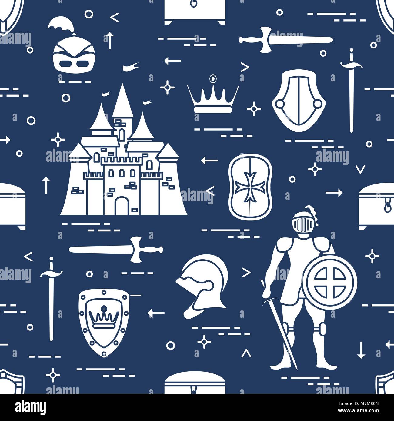 Seamless pattern with knight, castle, shields, swords, cuirass, helmet ...