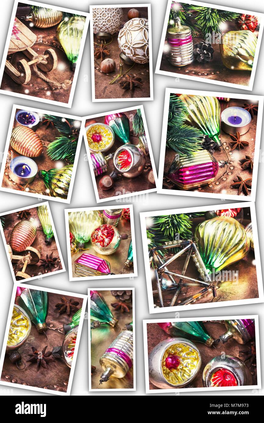 Collage with holiday vintage glass baubles for Christmas trees Stock ...