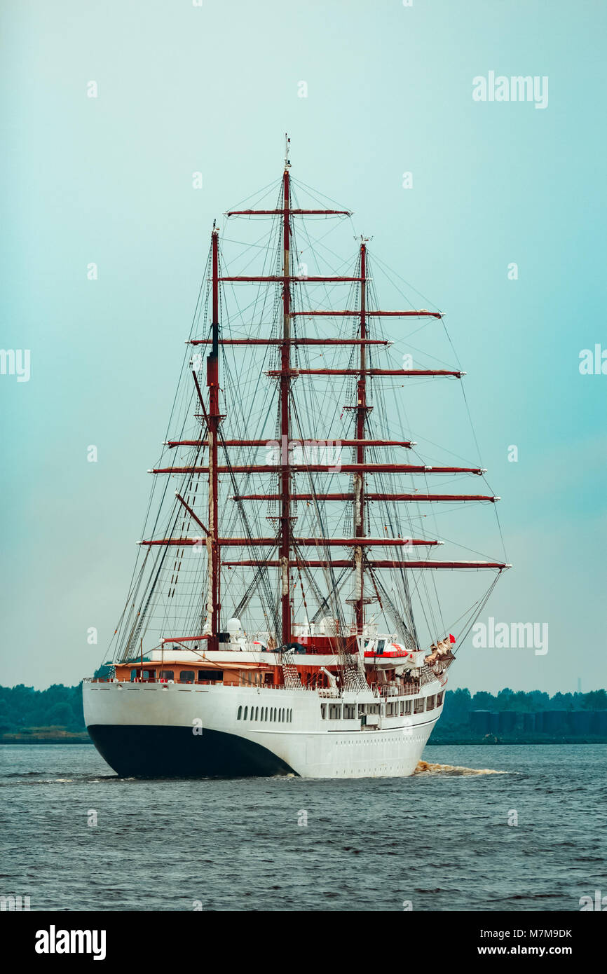Big white sailing ship with three mast moving to the Riga port Stock ...