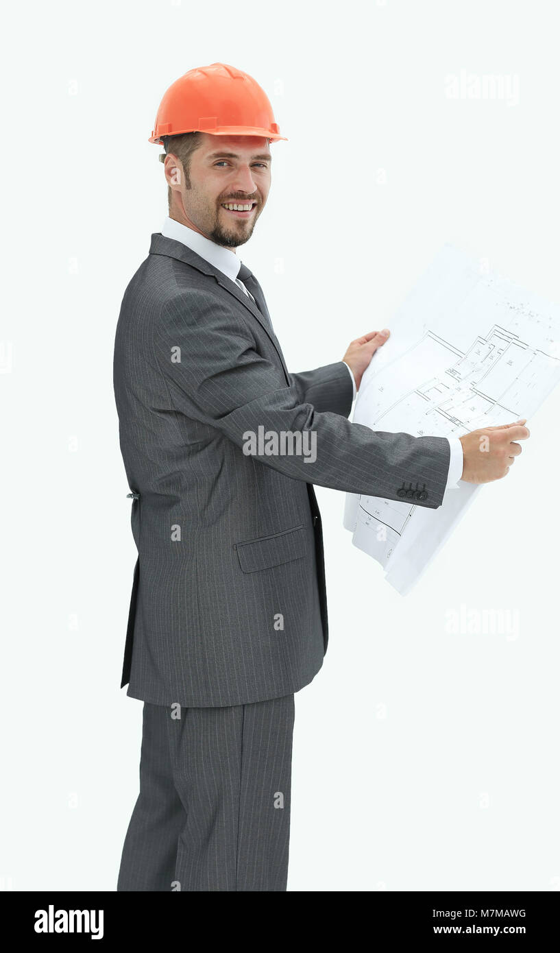 closeup. architect reading a blueprint .isolated on white Stock Photo ...