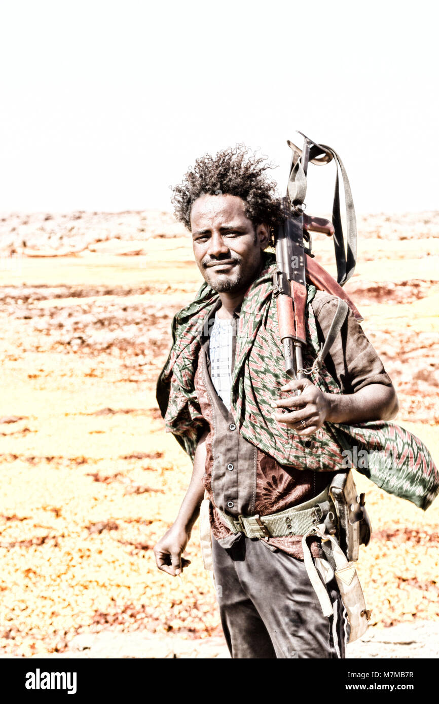 ETHIOPIA,DANAKIL-CIRCA JANUARY 2018--unidentified irregular soldier ...