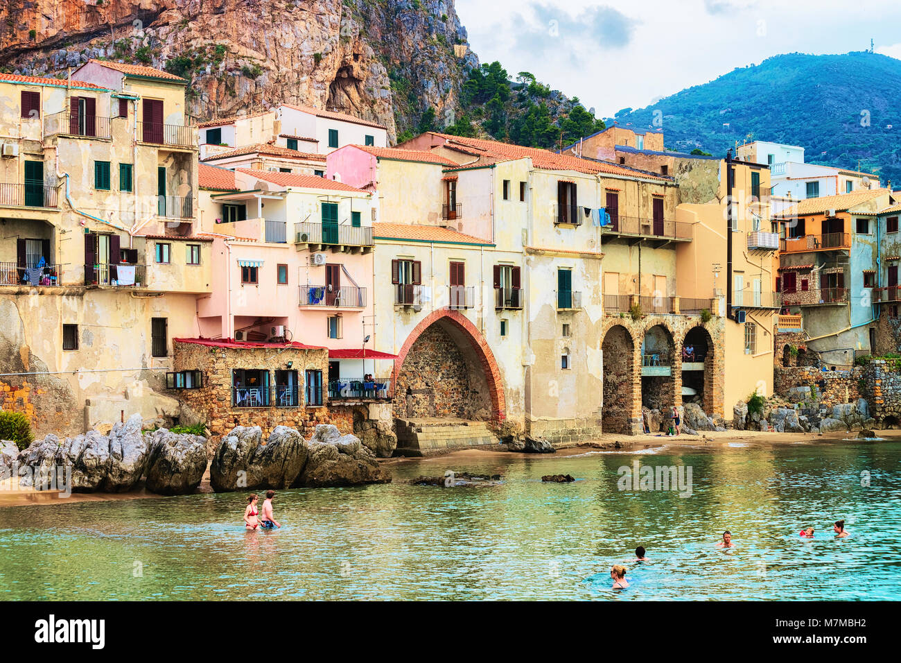 Seaside in Cefalu old town, Palermo region, Sicily island in Italy ...