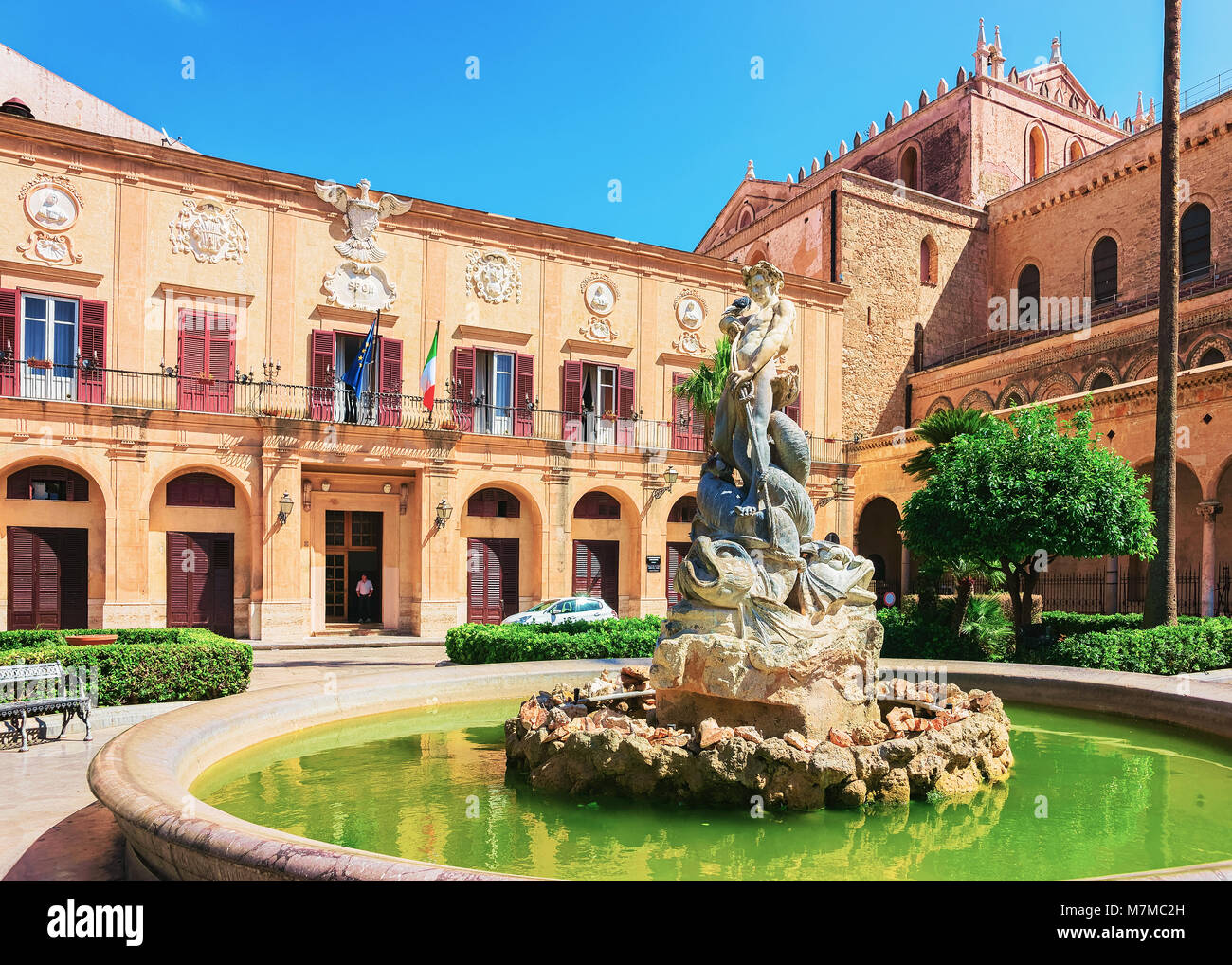 Street view with Monreale Cathedral, Palermo province, Sicily, Italy ...