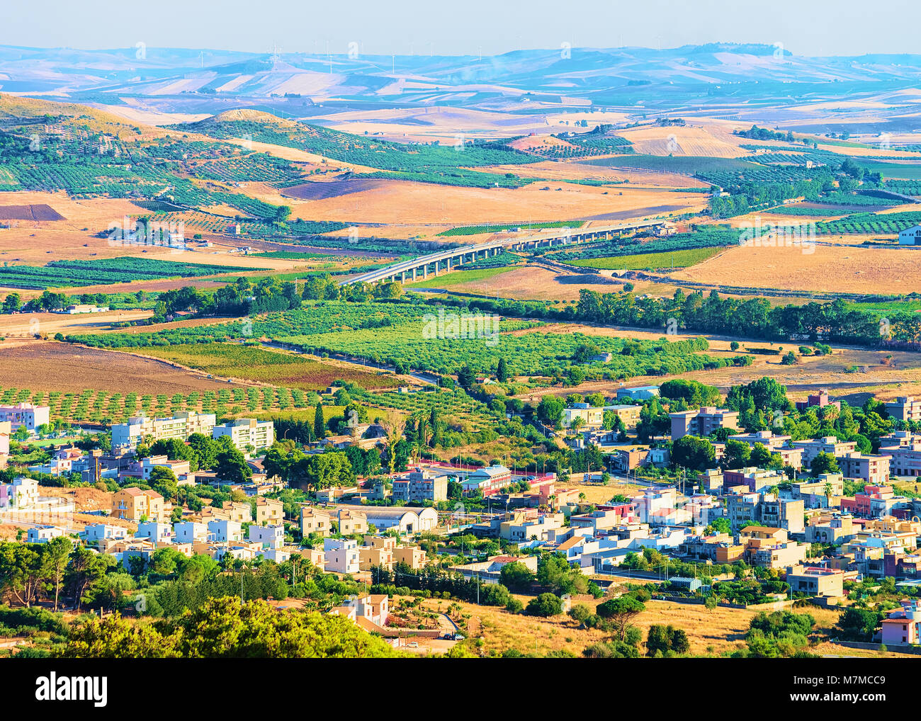 Panoramic view with Trapani city seen from Erice, Sicily island, Italy ...