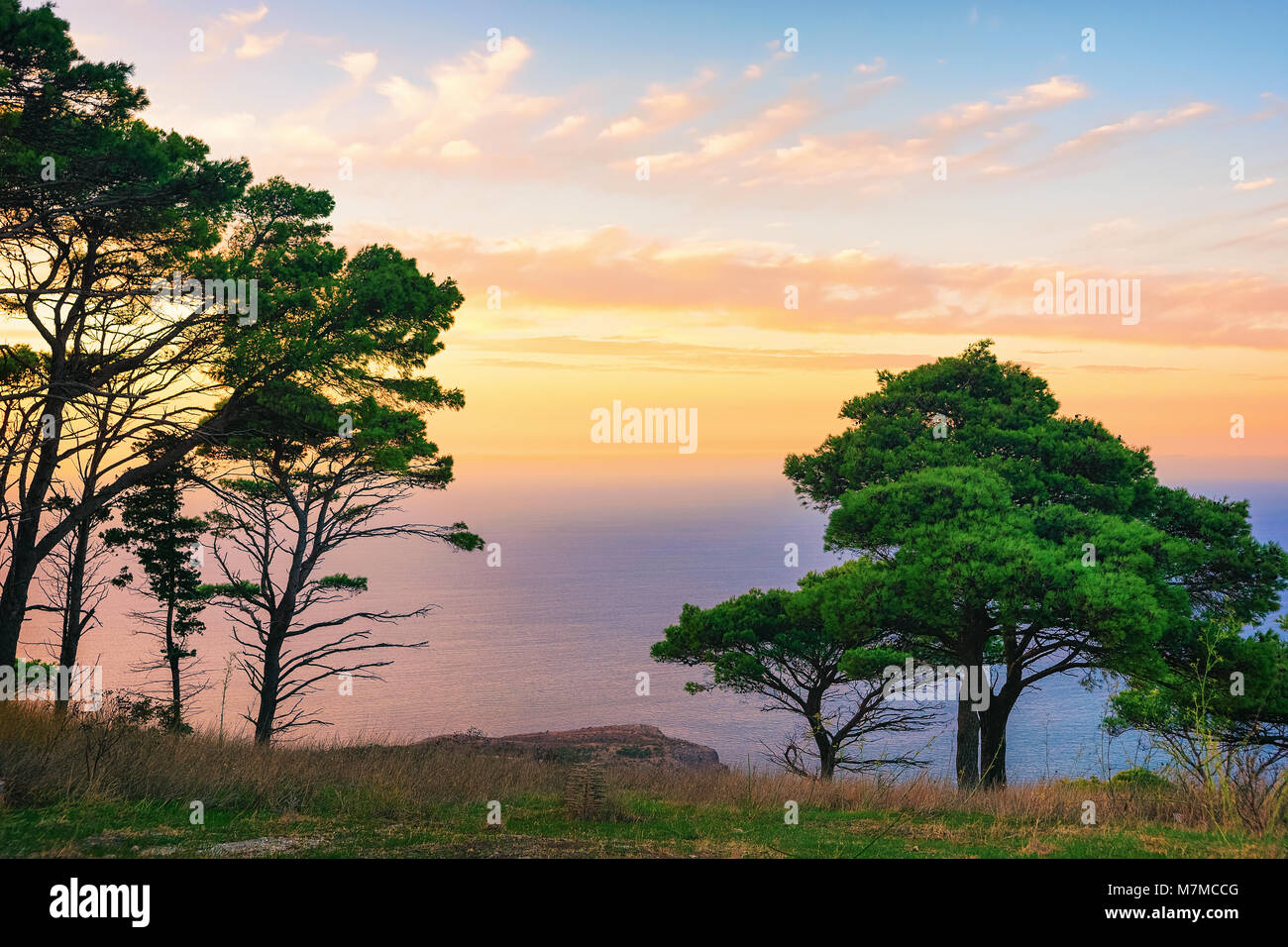 Evening scenery at sunset in Erice, Sicily island, Italy. Mediterranean ...