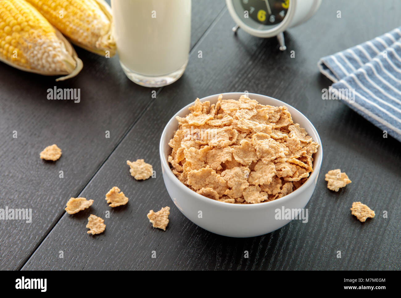 Healthy Corn Flakes with milk for Breakfast on table, food and drink ...
