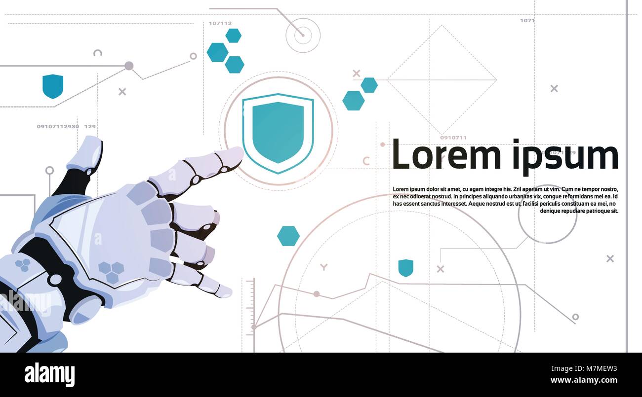 Robot Hand Touch Button Digital Shield Button Web Security Concept ...
