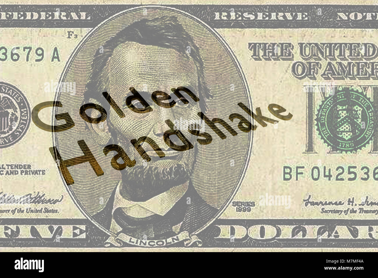 3D illustration of Golden Handshake title on Five Dollars bill as a ...