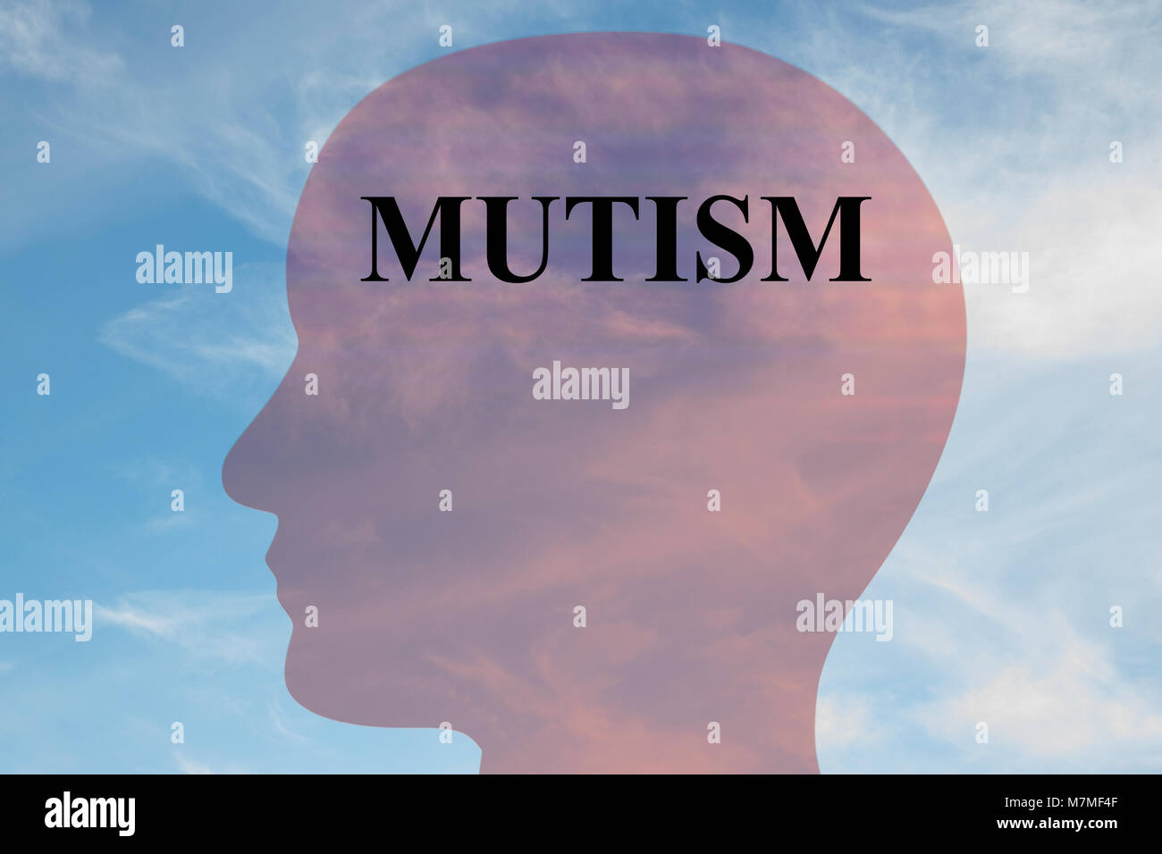 Render illustration of MUTISM title on head silhouette, with cloudy sky ...