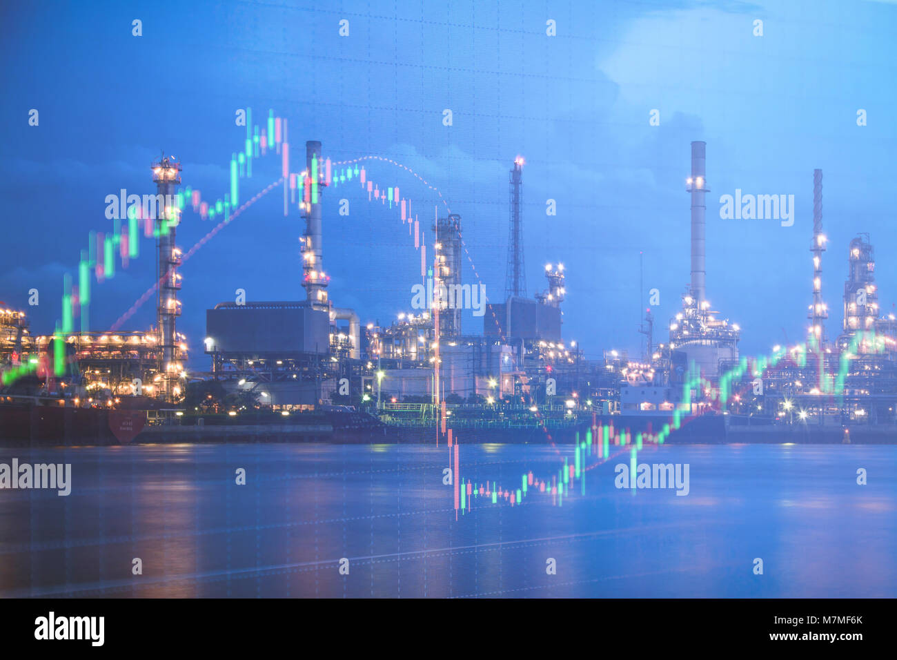 Oil refinery with candlestick graph background , Business and financial ...