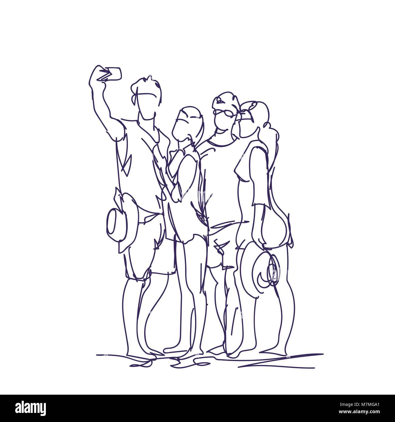 Group Of People Taking Together Selfie Photo On Smart Phone Doodle Men ...
