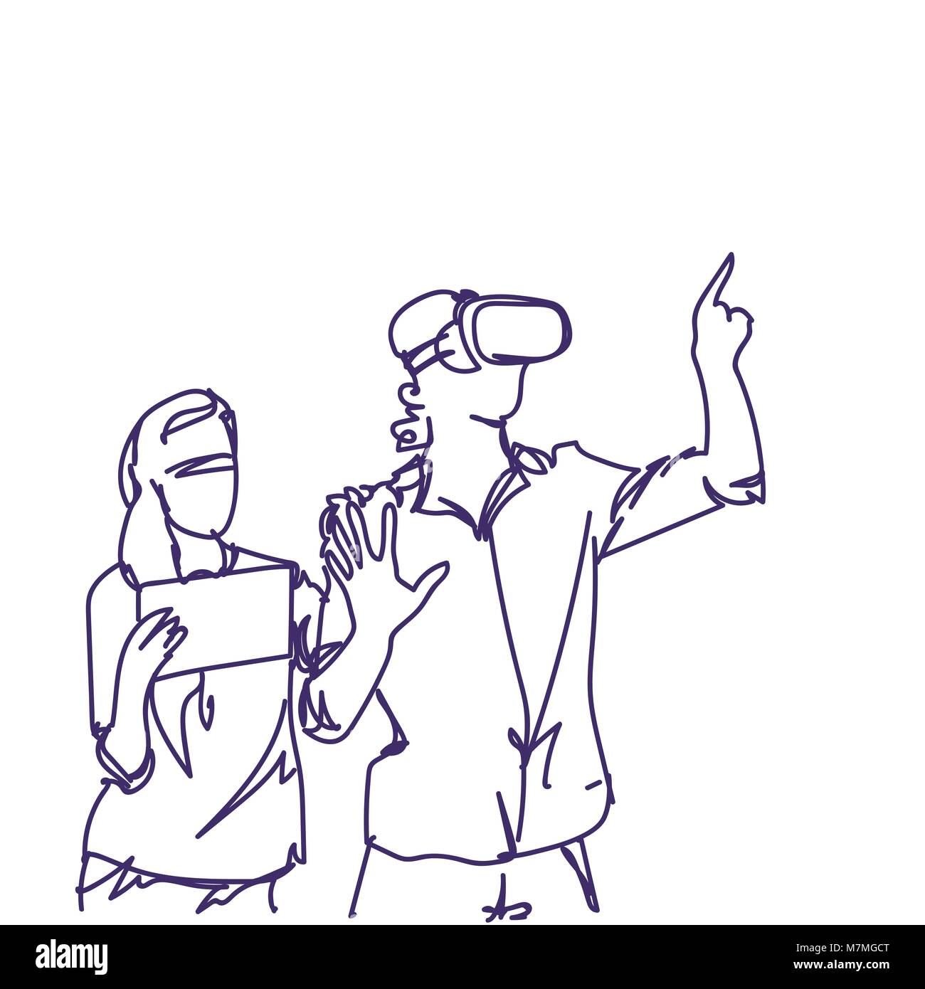 Woman Hold Hand Of Man Wearing 3d Glasses Virtual Reality Headset ...