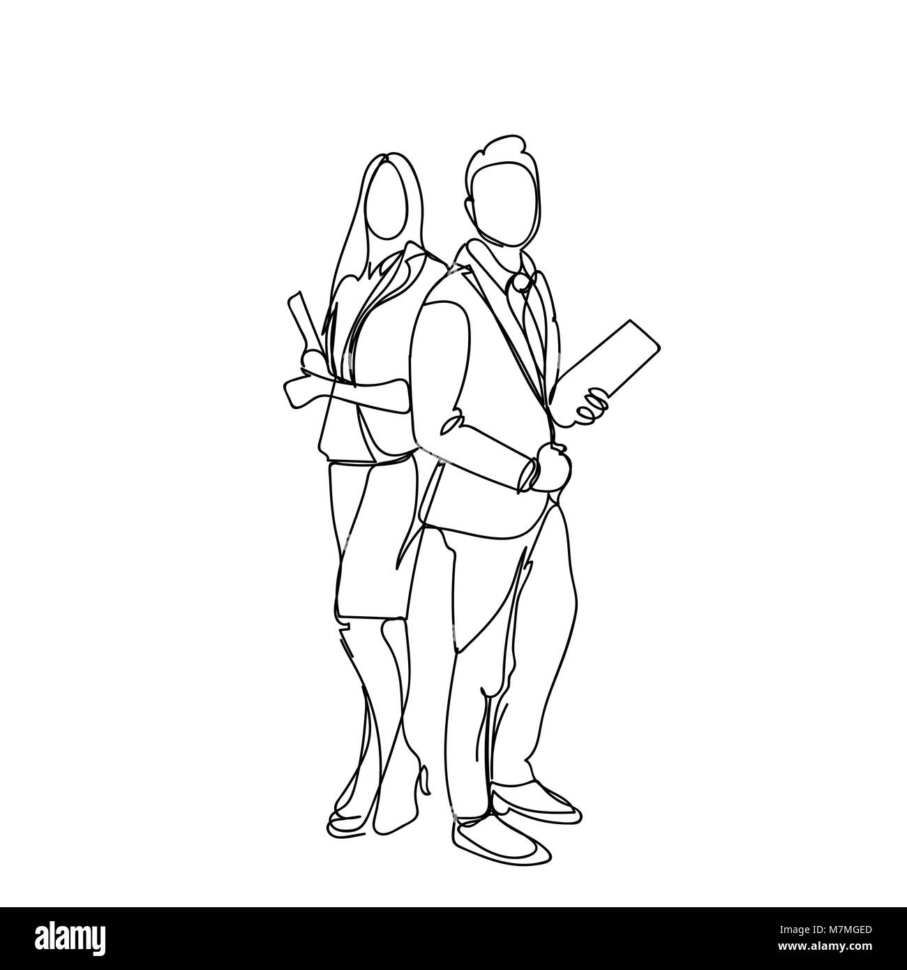 Sketch Business Man And Woman Businesspeople Couple Doodle Male And