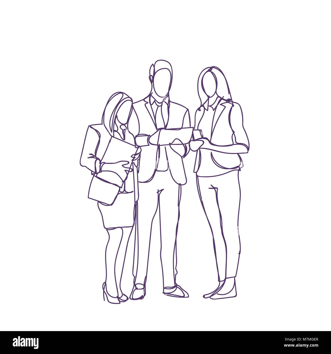 Group Of Business People Silhouette Sketch Discuss Document ...