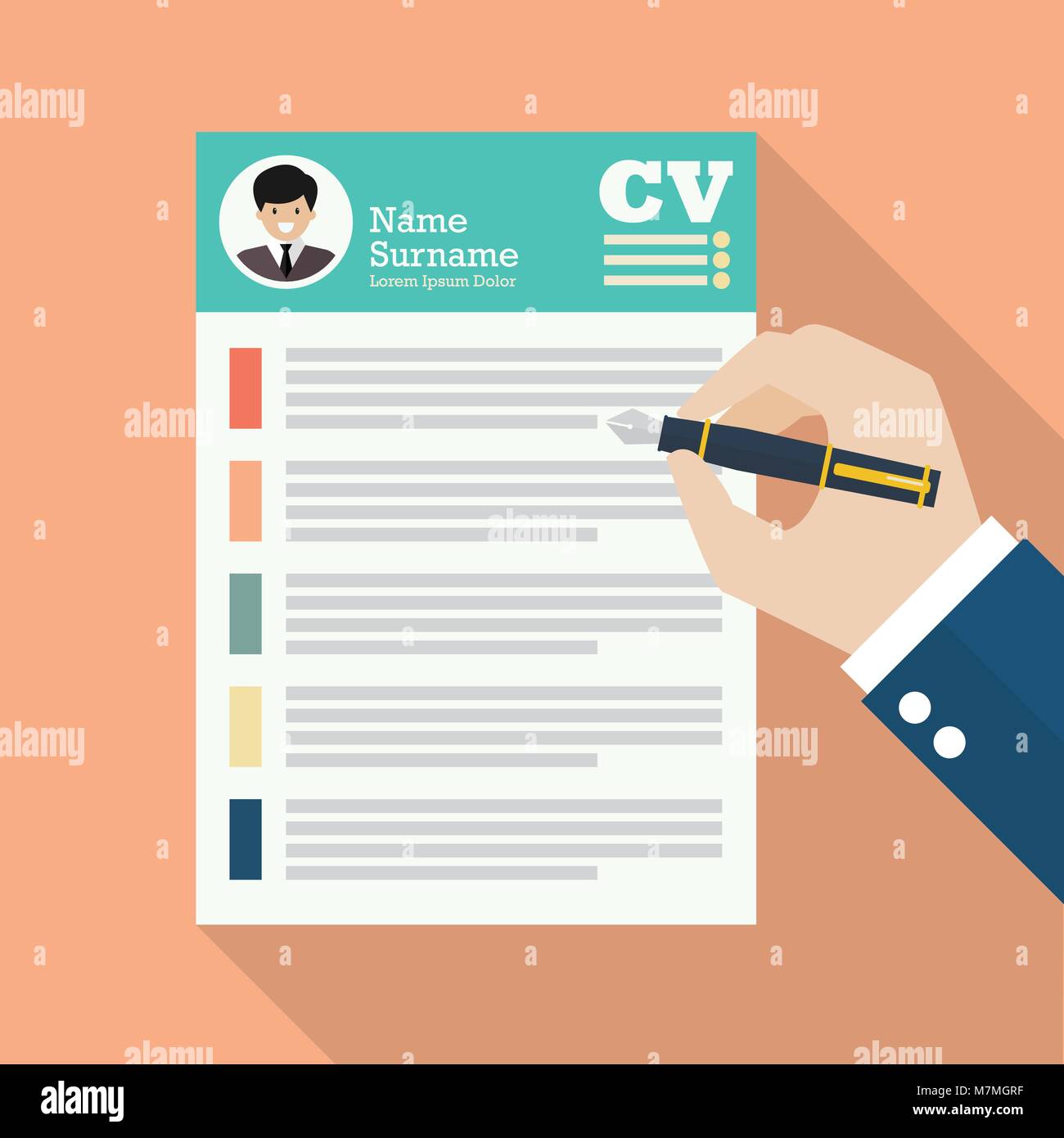 Hand writing Curriculum Vitae application paper sheet. Flat style ...