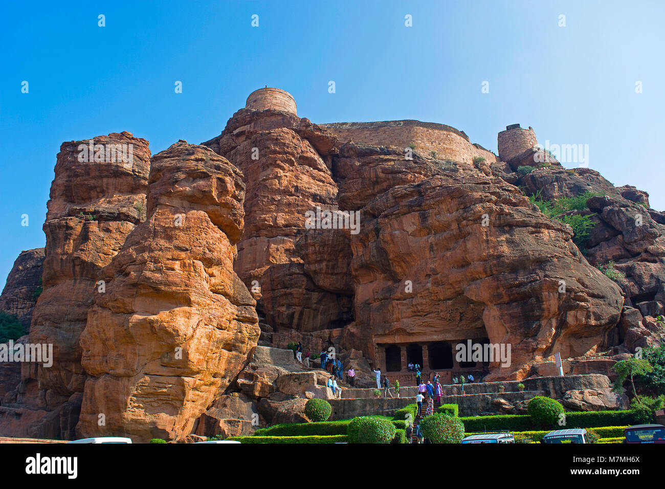 Badami Cave 1 and fort above. Dedicated To Shiva, UNESCO World Heritage ...