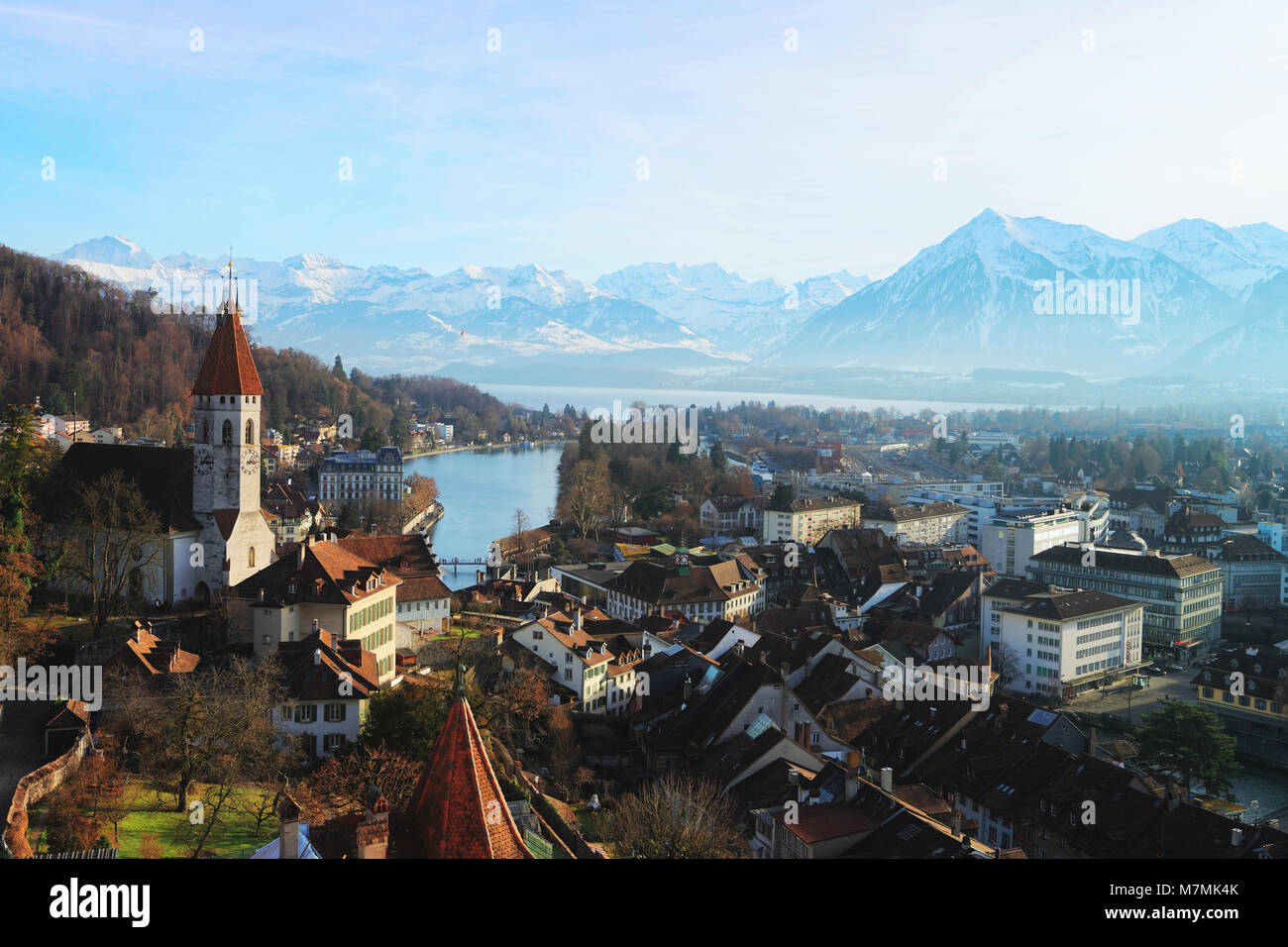 Panorama of Thun Church and City with Thunersee and Alps. Thun is a ...