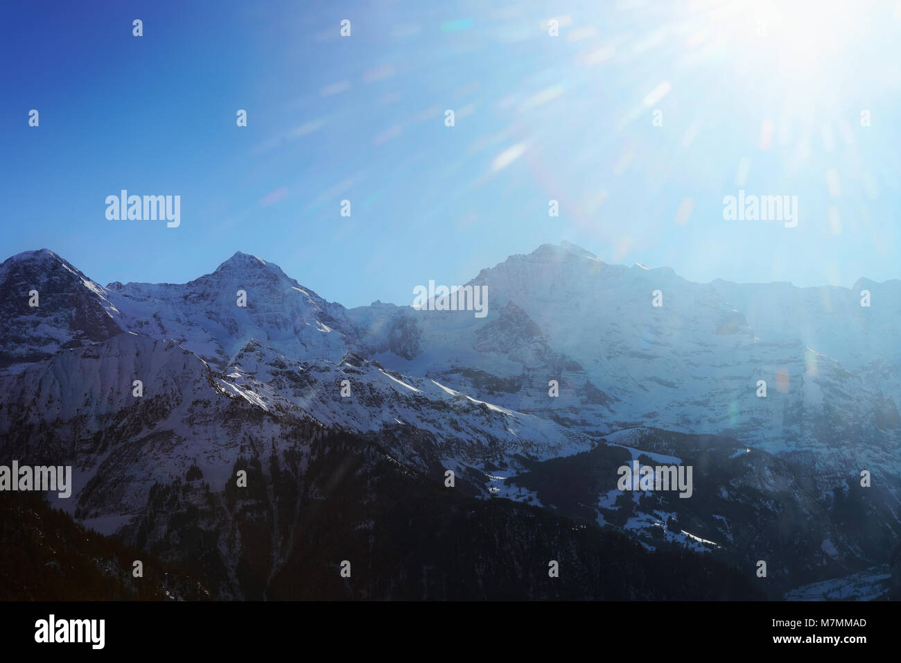Jungfrau, Eiger and Monch Mountain peaks in winter Swiss Alps, a ...