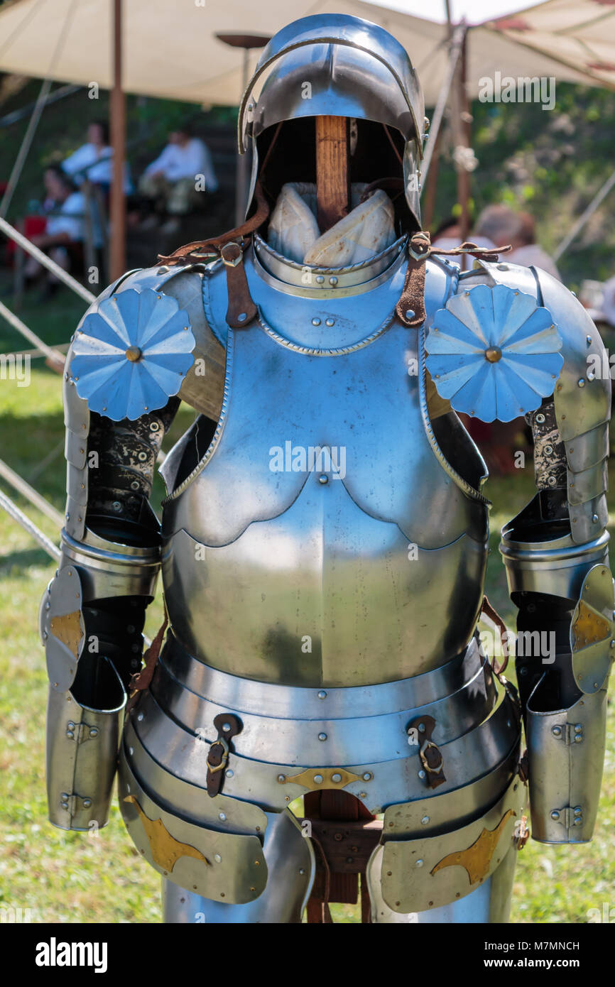 Medieval Metallic Armor with Helmet near White Tent Stock Photo - Alamy