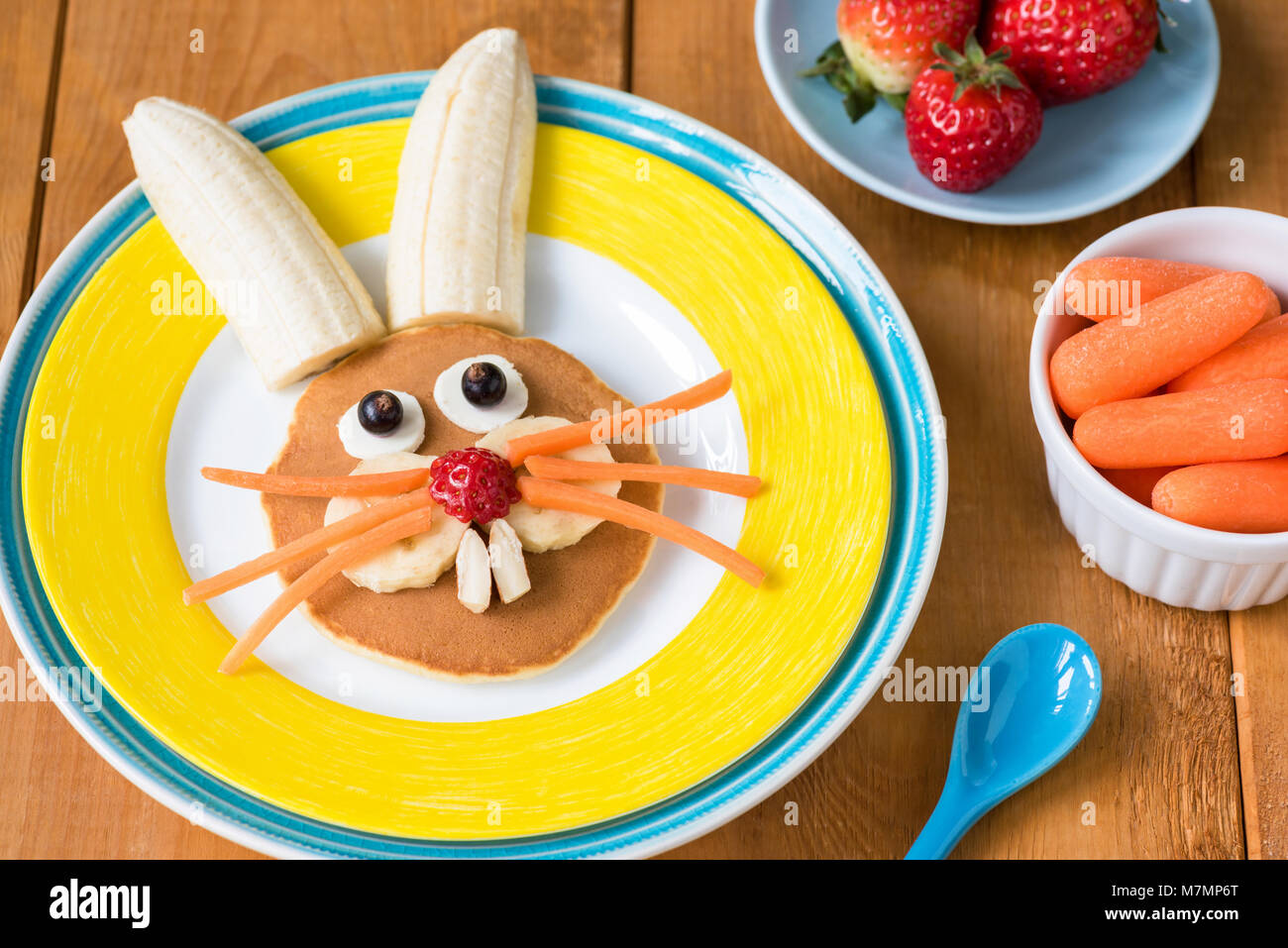 Funny healthy breakfast for kids on Easter. Easter bunny pancake on ...