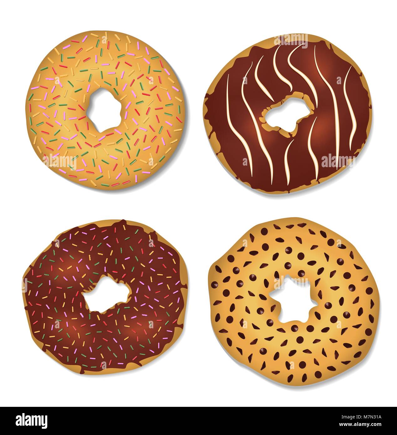 Four donut decorated with chocolate chips and fudge Stock Vector Image ...