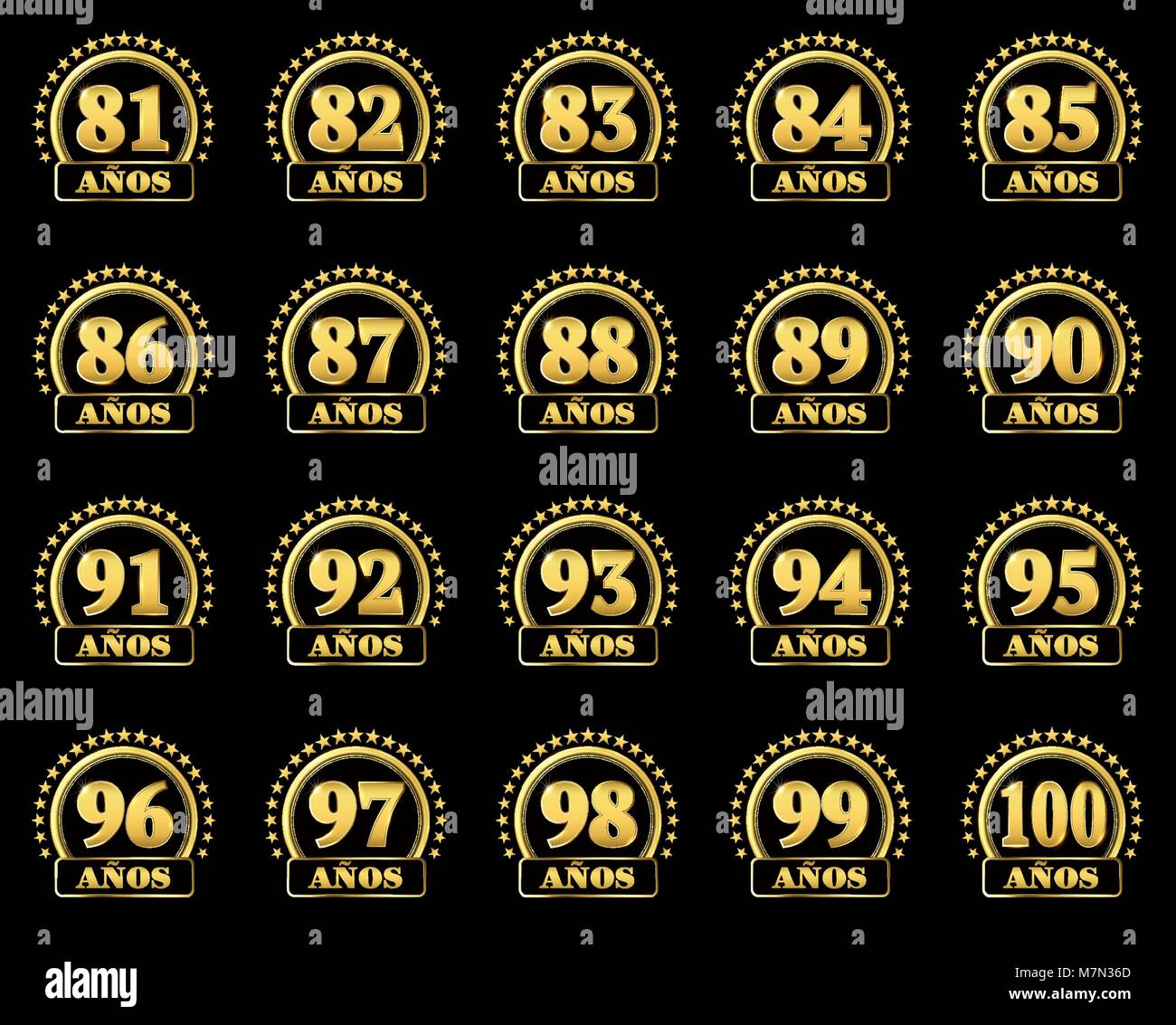 Set of gold numbers from 81 to 100 and the word of the year decorated ...