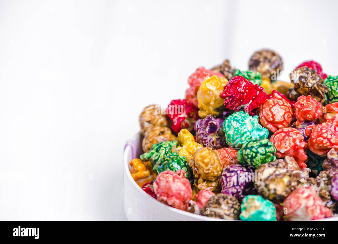 Brightly Colored Candied Popcorn, white background. Horizontal image of ...