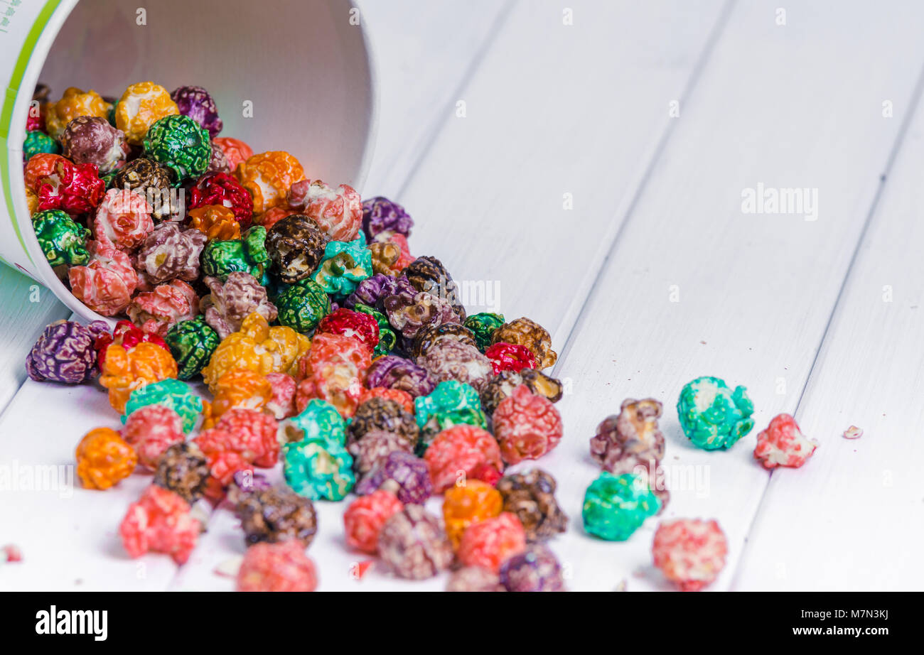 Brightly Colored Candied Popcorn, white background. Horizontal image of ...