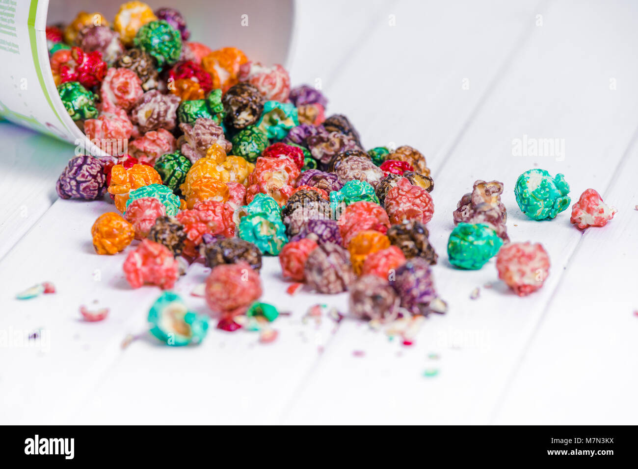 Brightly Colored Candied Popcorn, white background. Horizontal image of ...