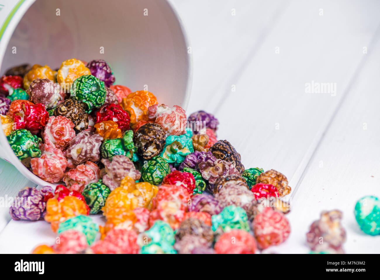 Brightly Colored Candied Popcorn, white background. Horizontal image of ...