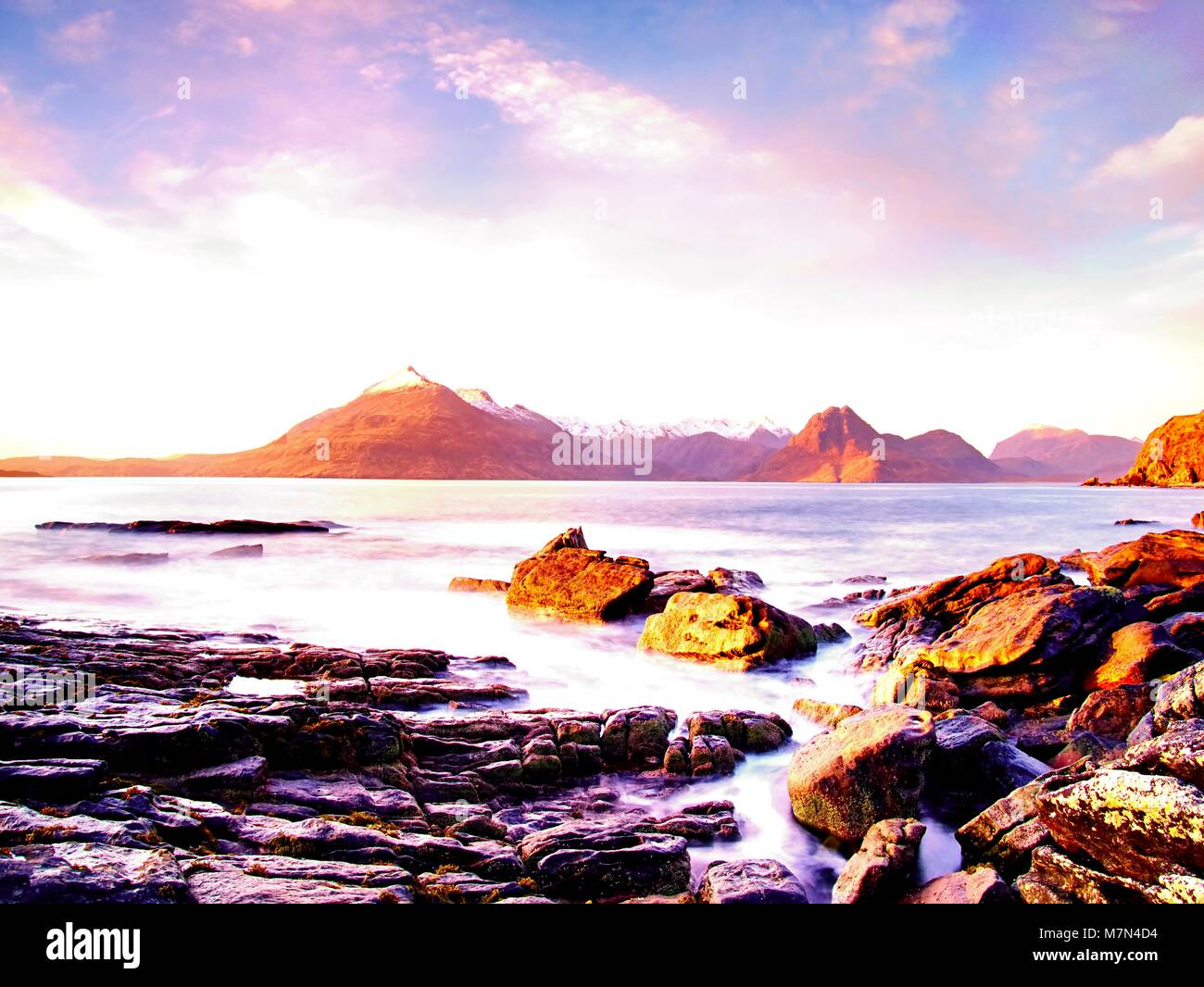 Rocks near Elgol, Loch Scavaig, Isle of Skye Scotland. Warm sunset ...