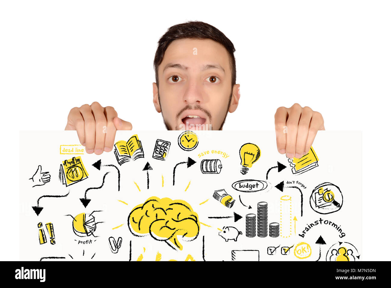 Portrait of young man holding board with strategy sketch. Business ...