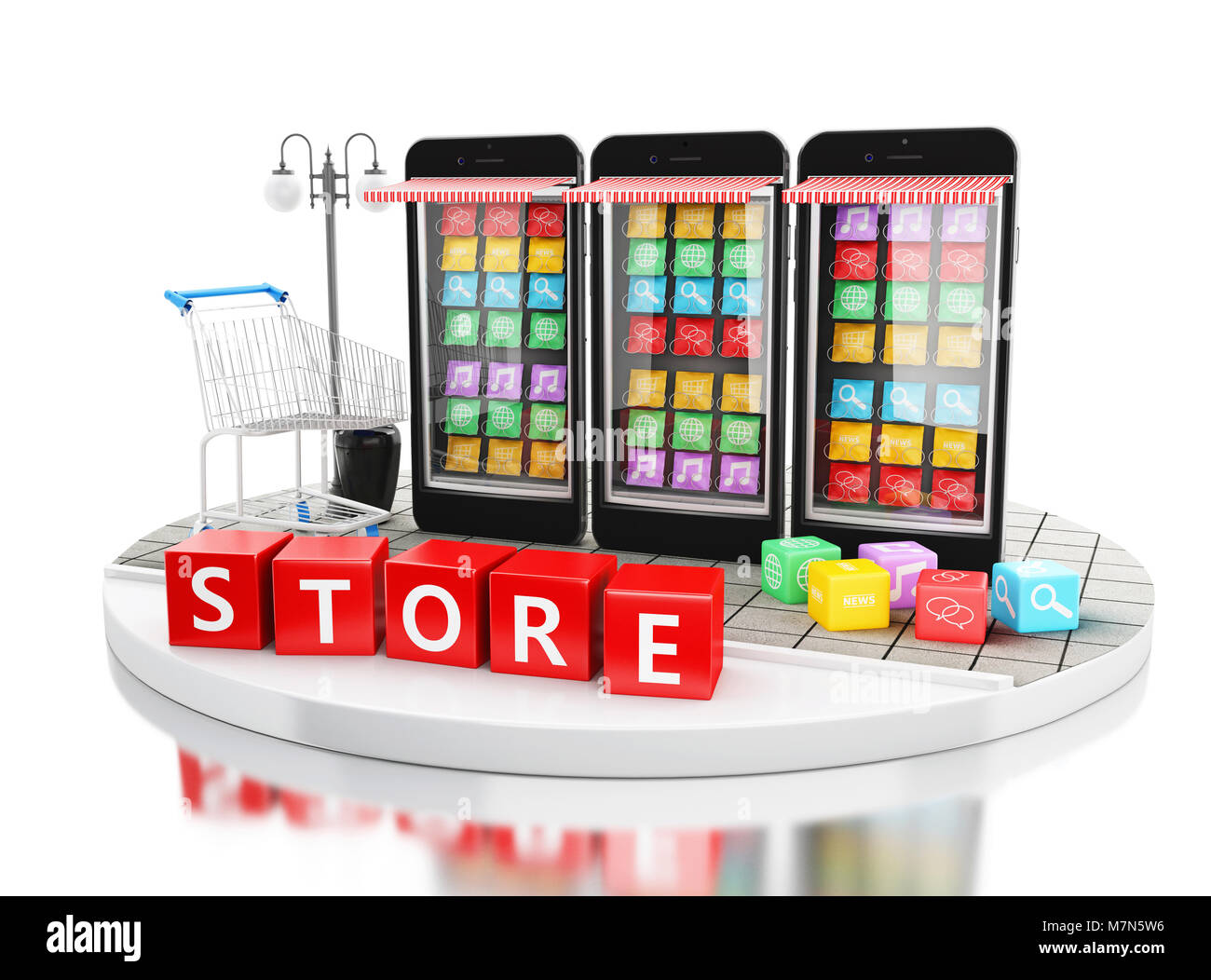 3d illustration. Smartphone with mobile app stores. E-commerce, online ...