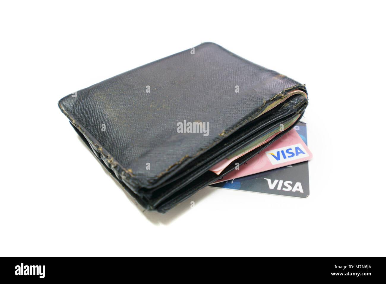 Old Black leather wallet vintage and Visa credit card on white ...