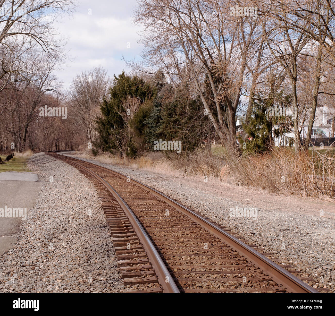 A set of train tracks through woods with bare trees Stock Photo - Alamy