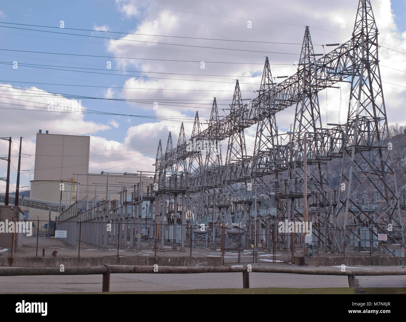 A high voltage electricity power sub station under a bright blue sky ...