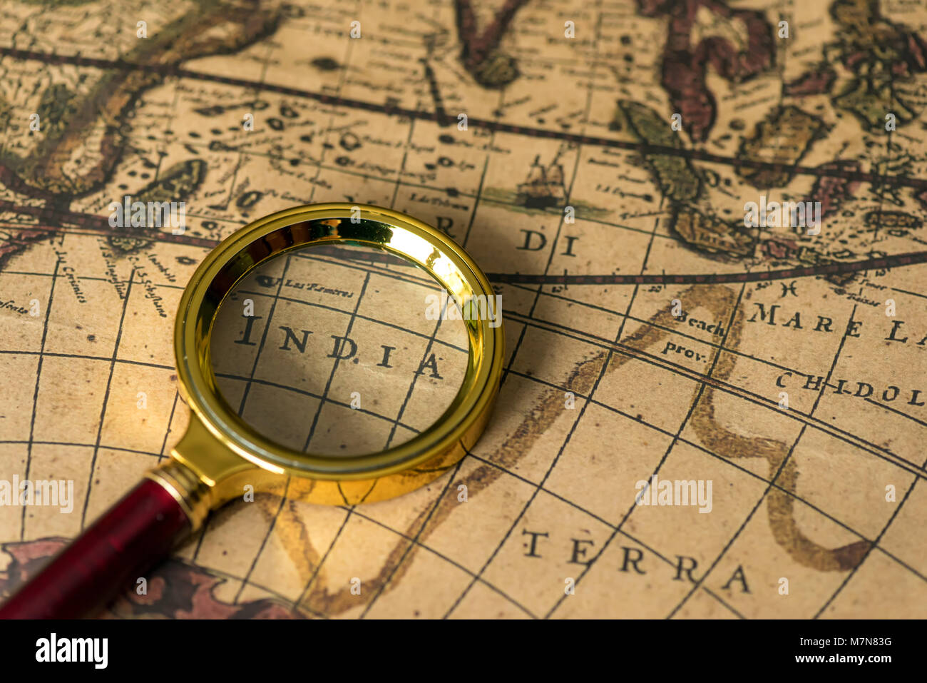 Retro magnifier with old map closeup Stock Photo - Alamy