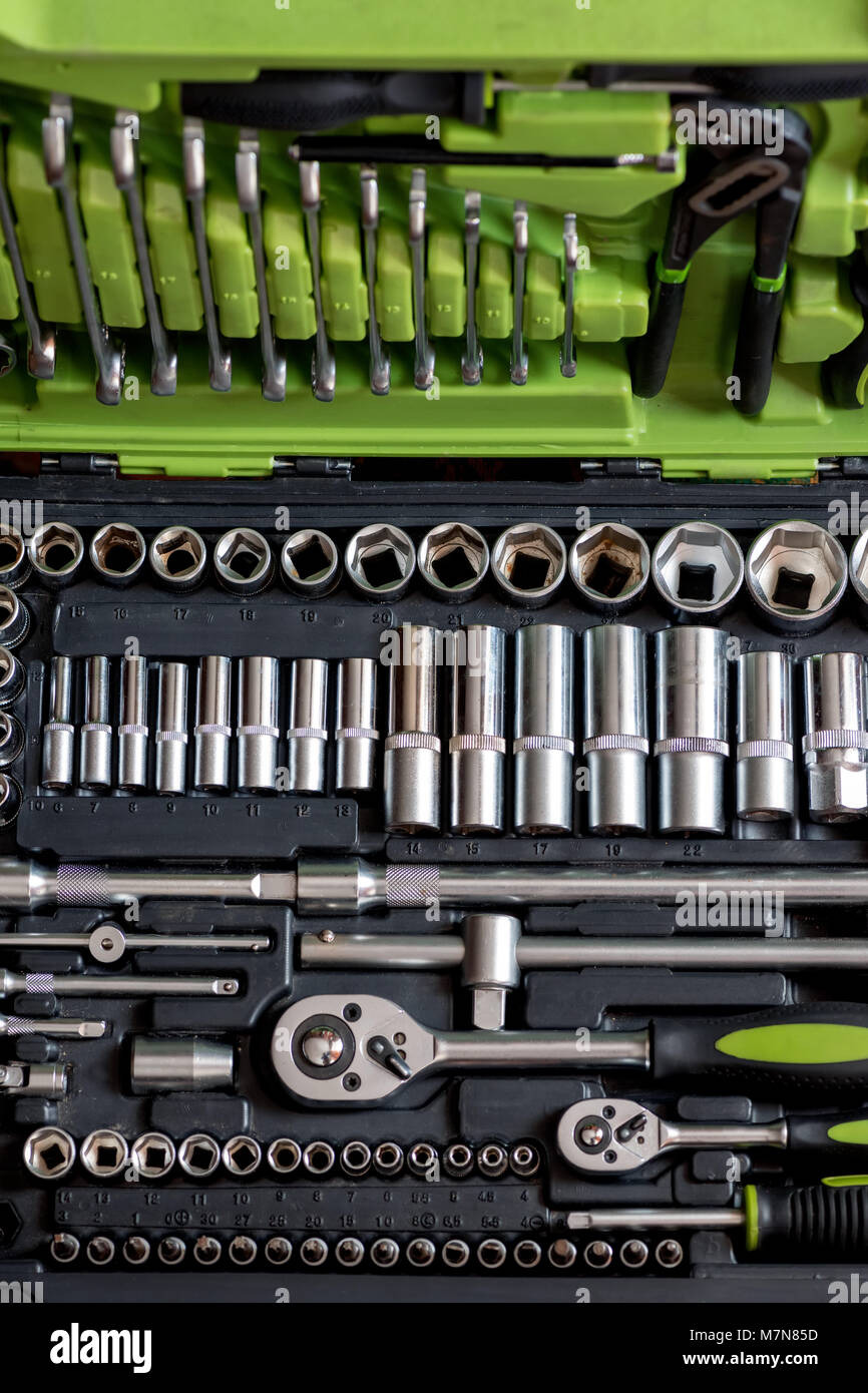 Set of tools for car repair in box, closeup Stock Photo - Alamy