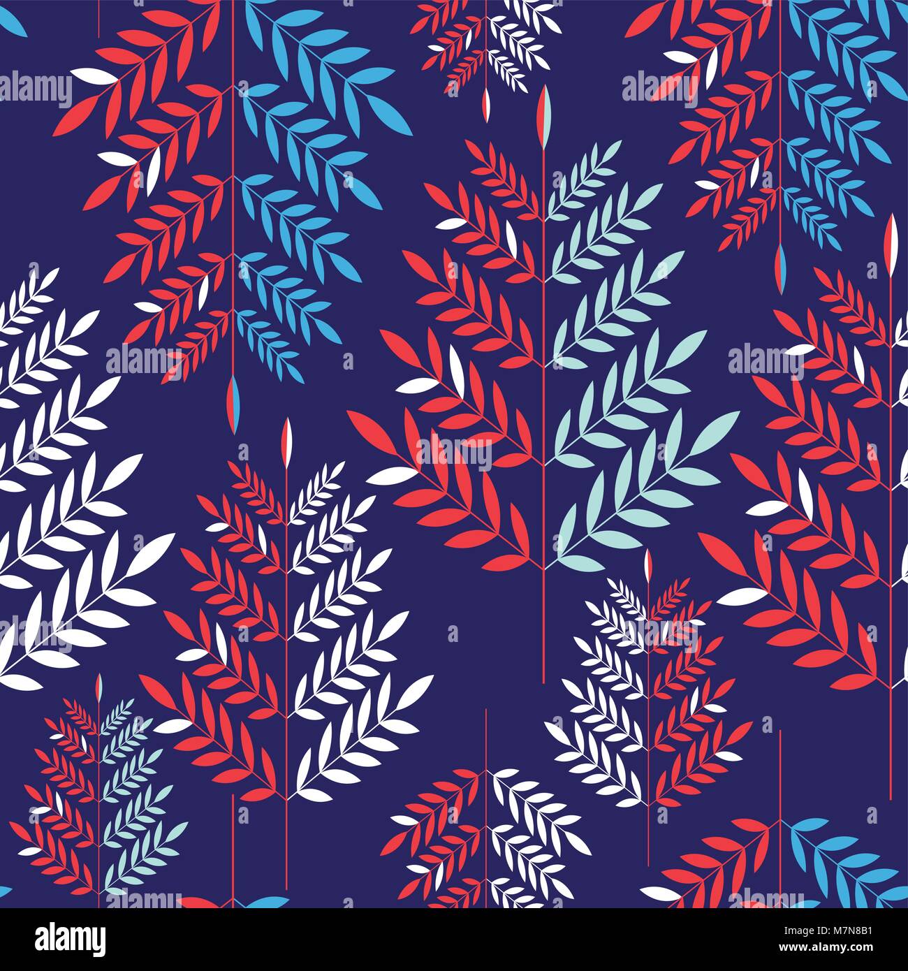 Seamless bright print from a branch with leaves on a blue background ...